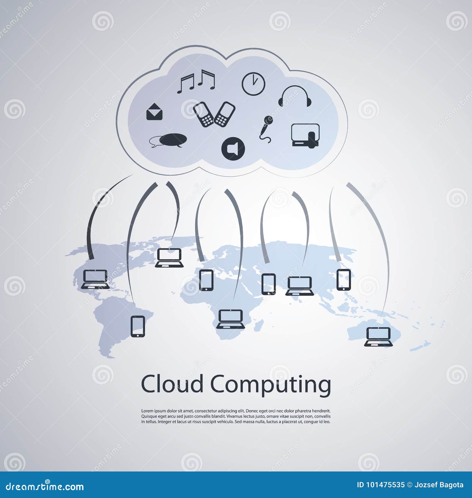 Everything Connected To the Cloud - Blue Cloud Computing Concept Design with World Map and Icons ...