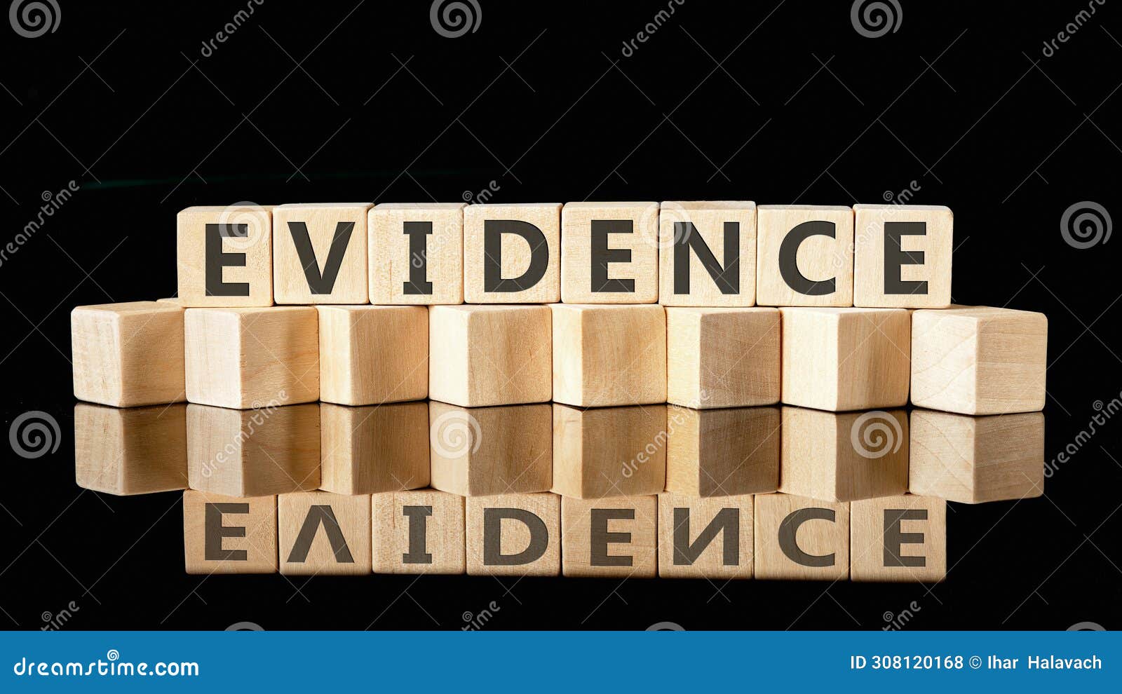 EVIDENCE Text Assembled from Wooden Cubes on a Black Background Stock ...
