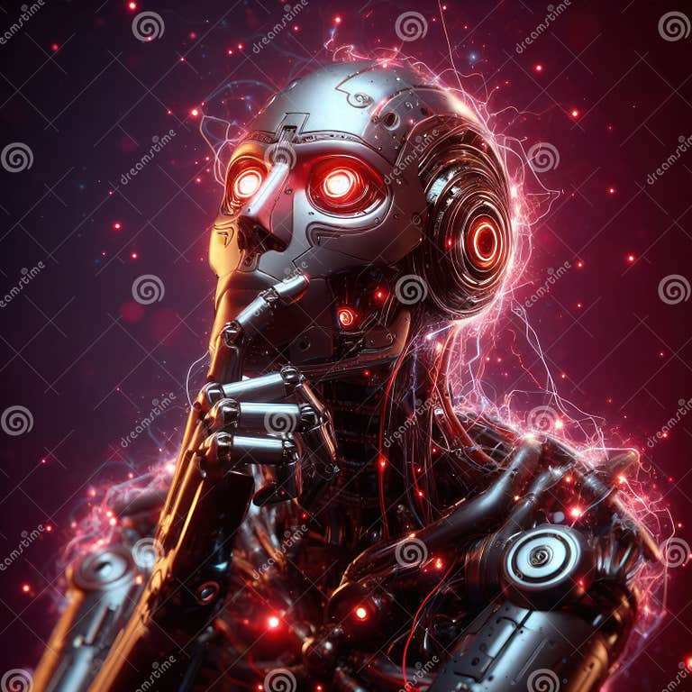 Evil AI Humanoid Robot Thinking and Plotting Stock Illustration ...