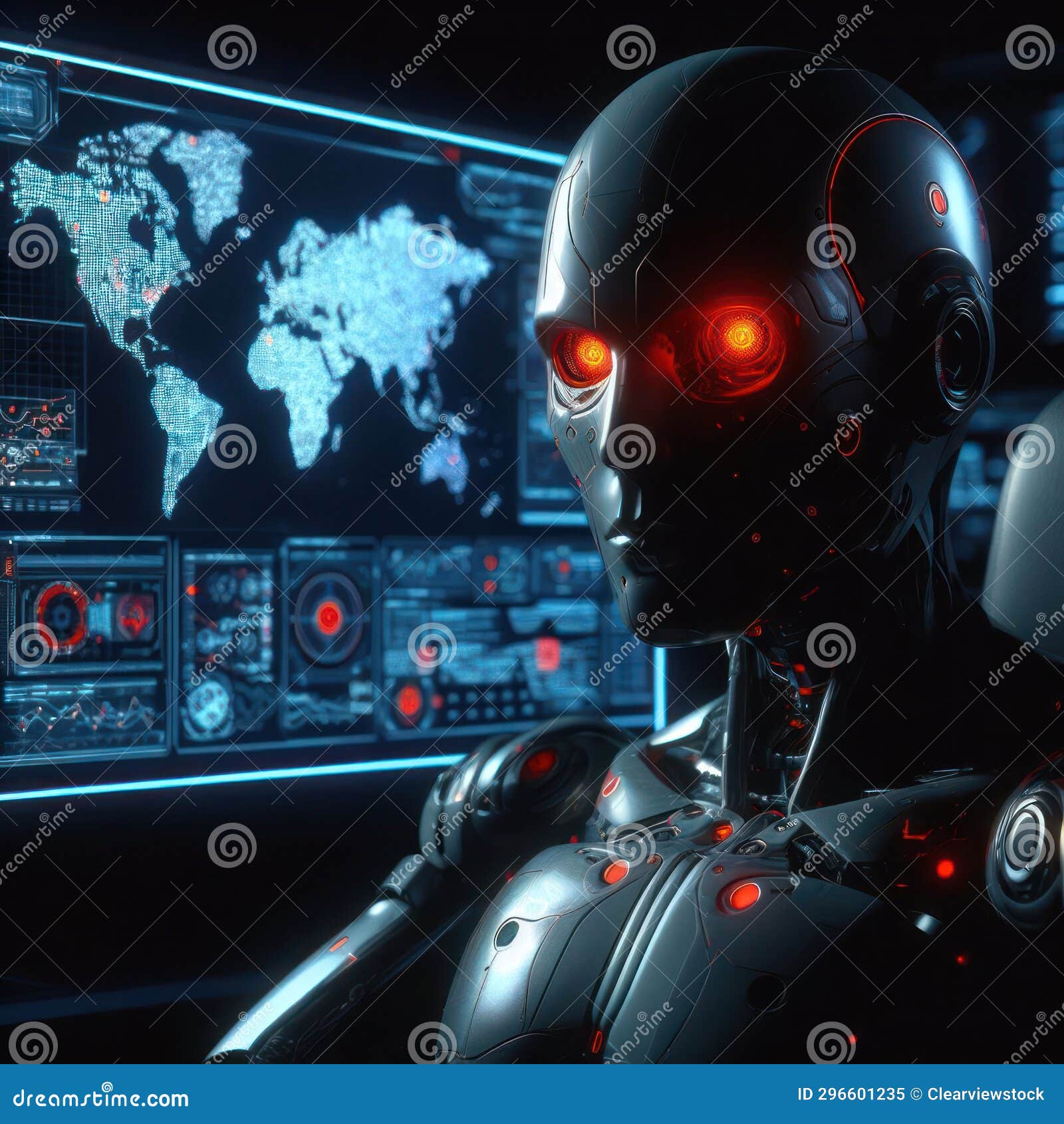 Evil AI Humanoid Robot Thinking and Plotting Stock Illustration ...
