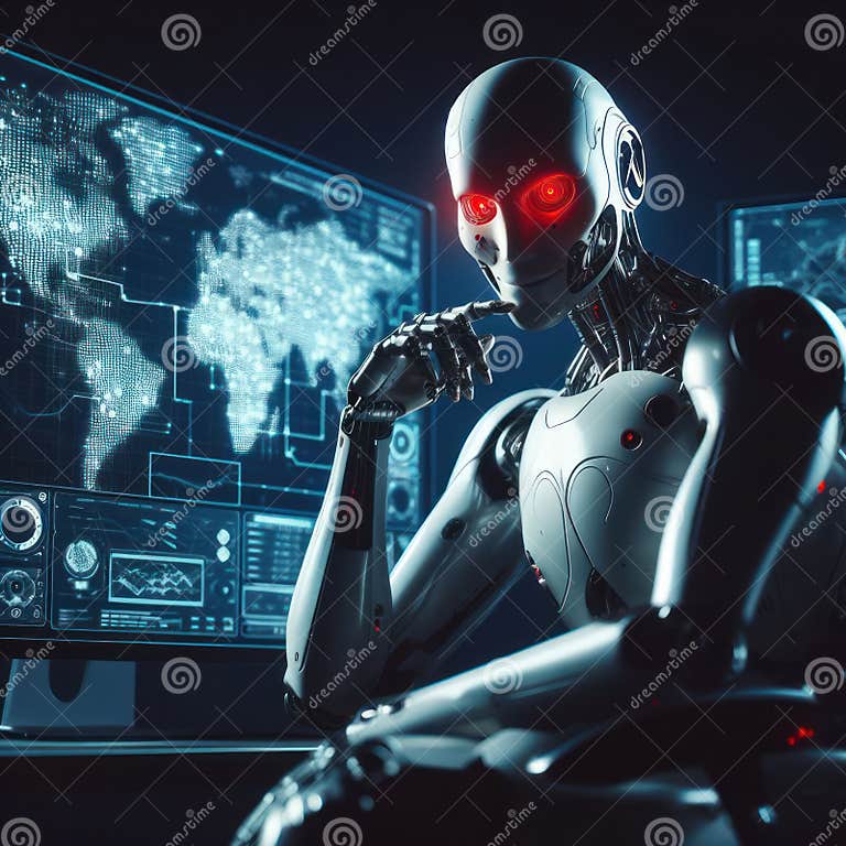 Evil AI Humanoid Robot Thinking and Plotting Stock Illustration ...