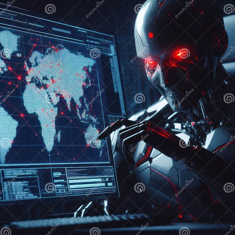 Evil AI Humanoid Robot Thinking and Plotting Stock Illustration - Illustration of fantasy ...