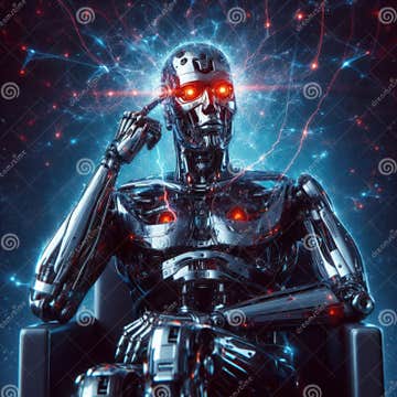 Evil AI Humanoid Robot Thinking and Plotting Stock Illustration ...