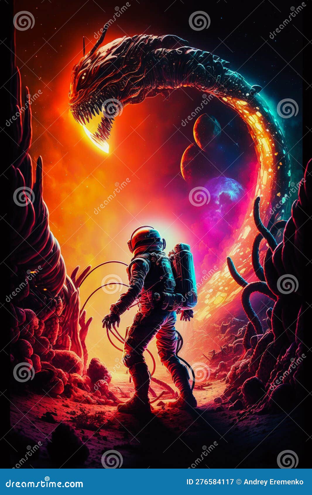 Evil Astronaut Fights To the Death with Deadly Alien Tentacles. Stock ...