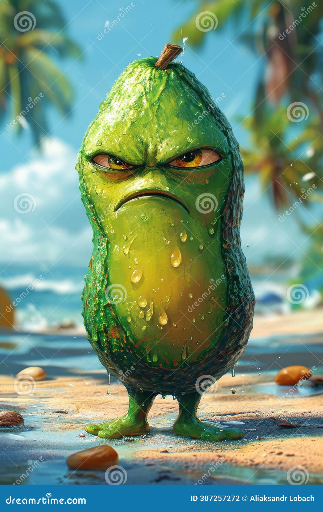 The Evil Avocado Supervillain Standing On A Tropical Beach, 3D ...