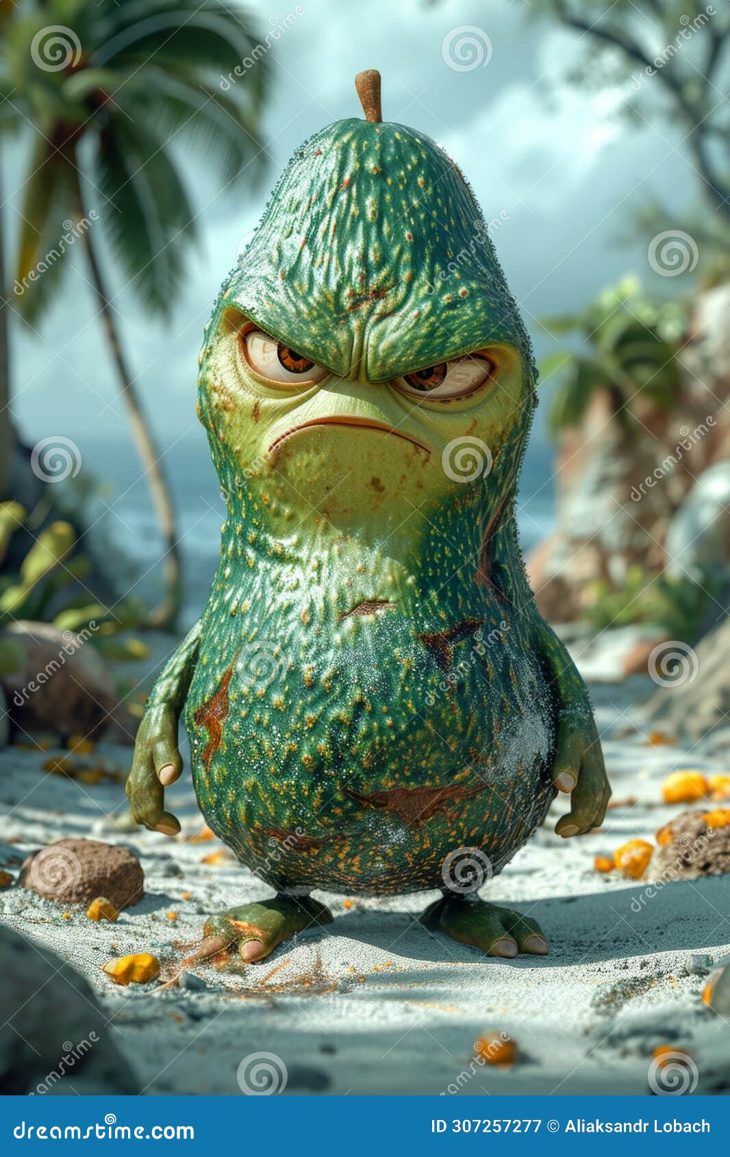The Evil Avocado Supervillain Standing on a Tropical Beach, 3D ...