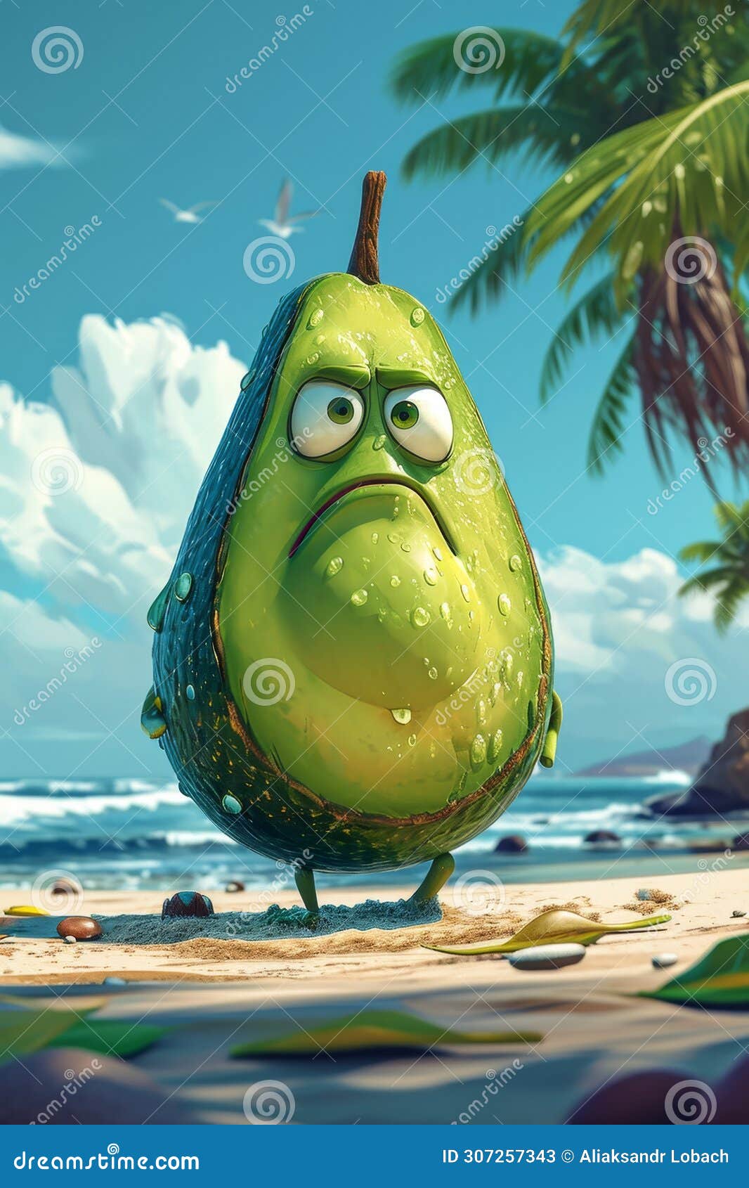 The Evil Avocado Supervillain Standing on a Tropical Beach, 3D ...