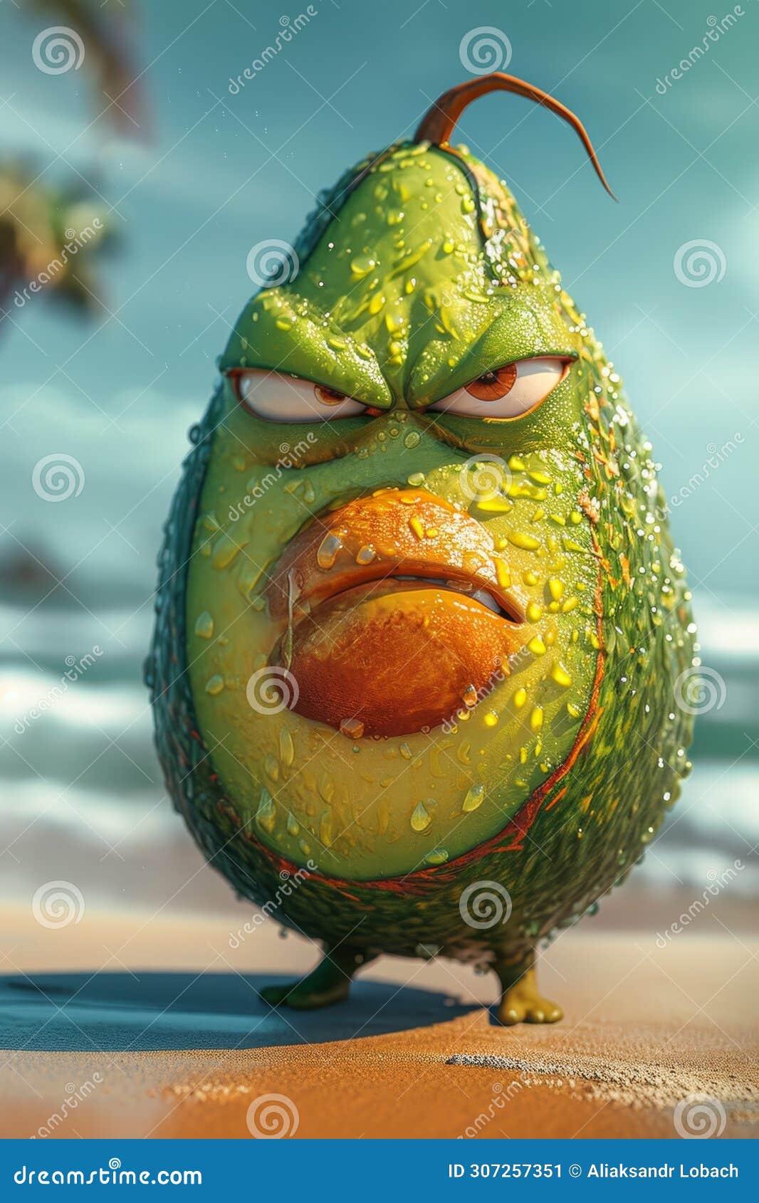 The Evil Avocado Supervillain Standing On A Tropical Beach, 3D ...