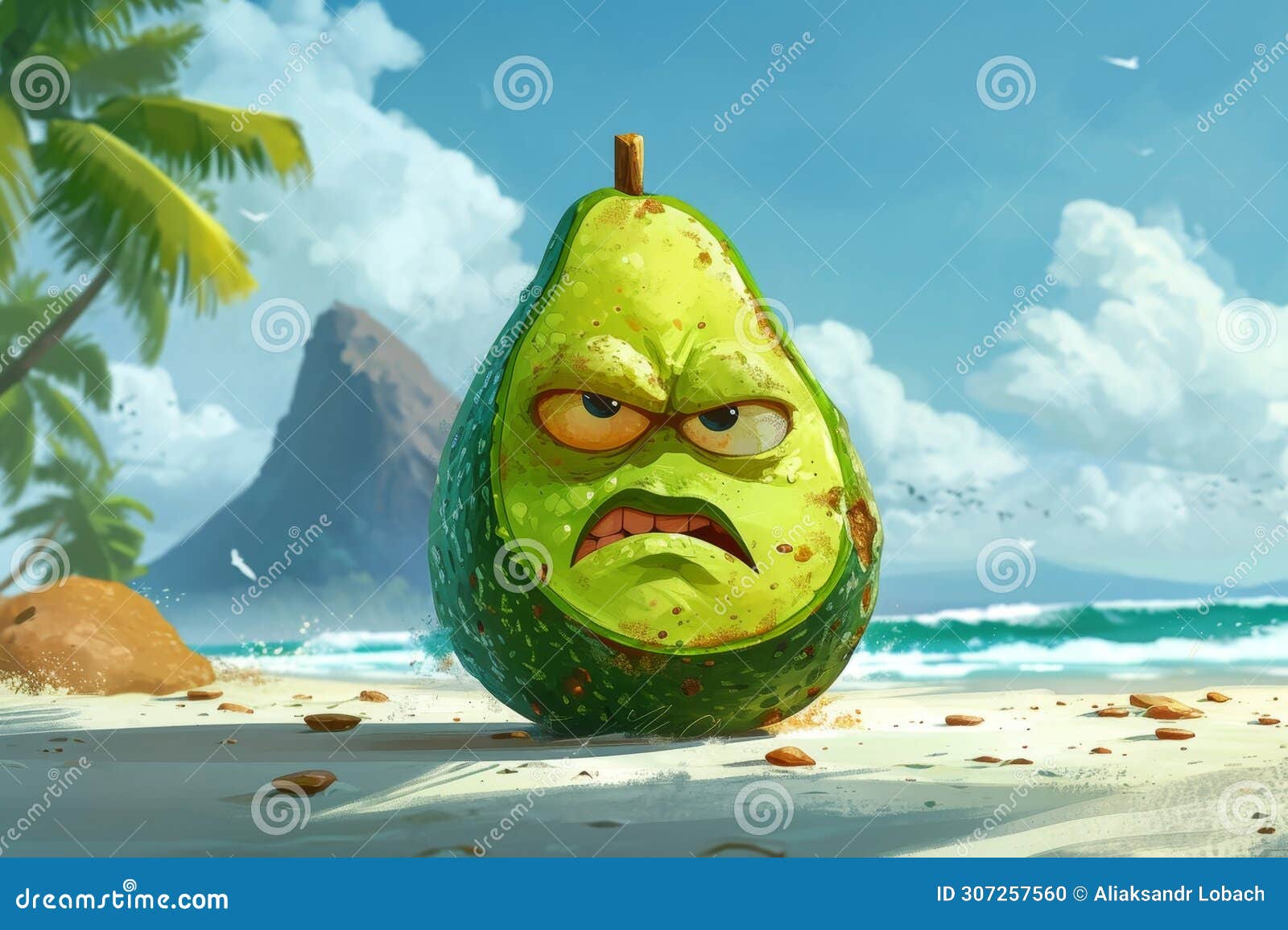 The Evil Avocado Supervillain Standing On A Tropical Beach, 3D ...