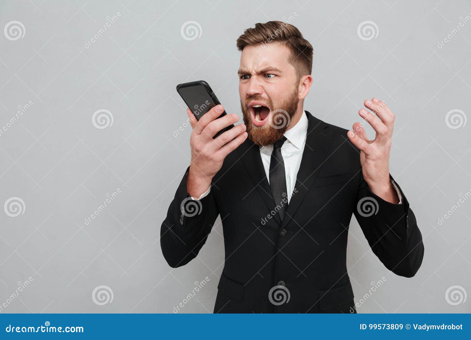 Evil Bearded Man in Suit Screaming in His Smartphone Stock Image ...