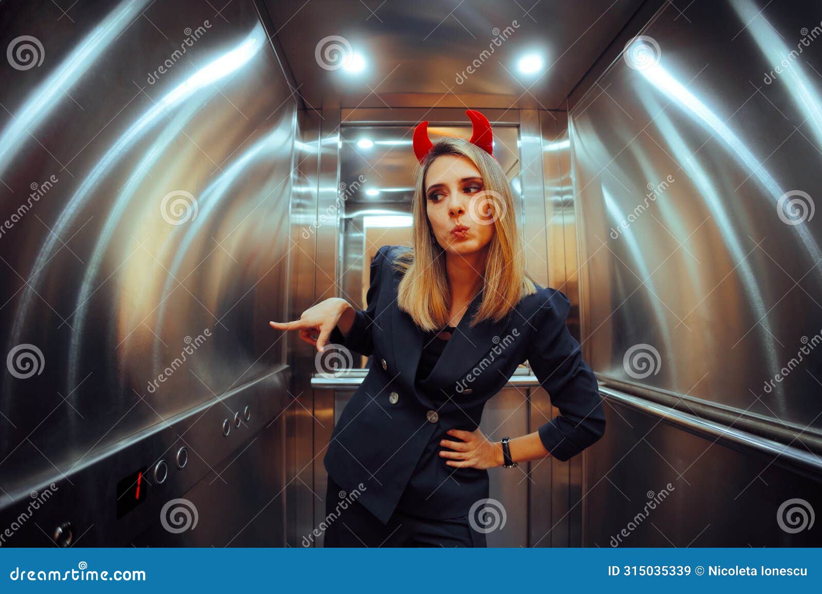 Devil Woman Going To the Basement with an Elevator Stock Image - Image ...