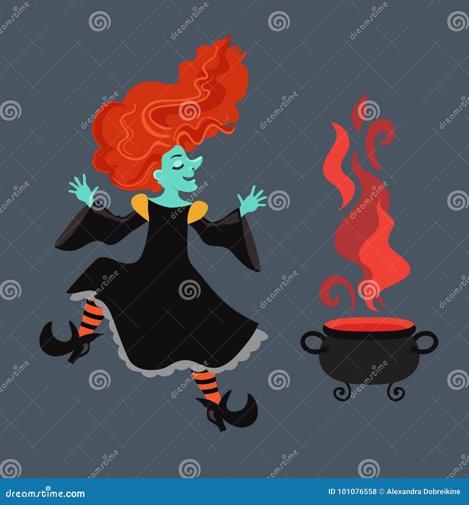 Red-haired Witch in Black Dress and Cloak . Stock Vector - Illustration ...