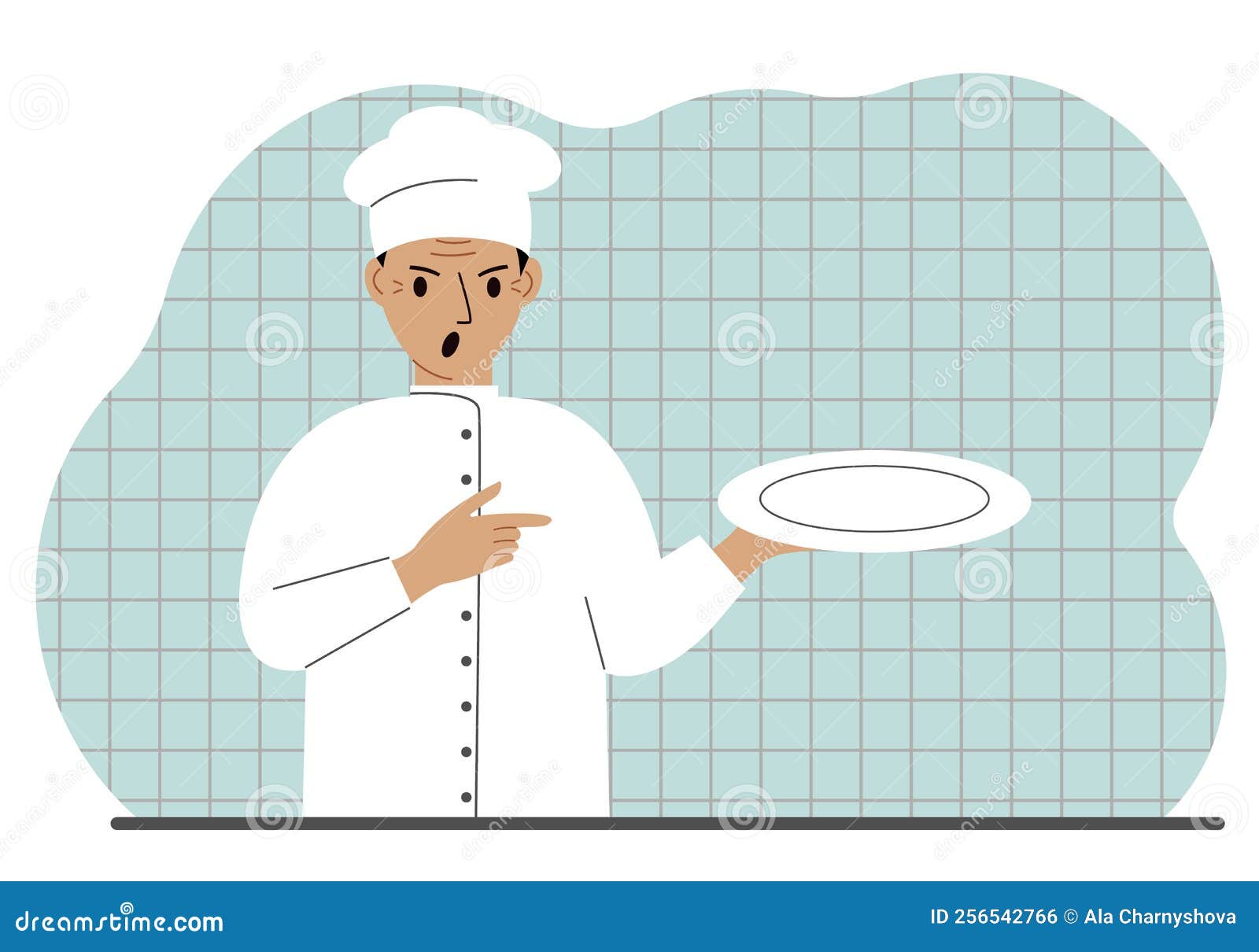 Evil Cook in a Cap Holds an Empty Plate in His Palm. Vector Stock ...