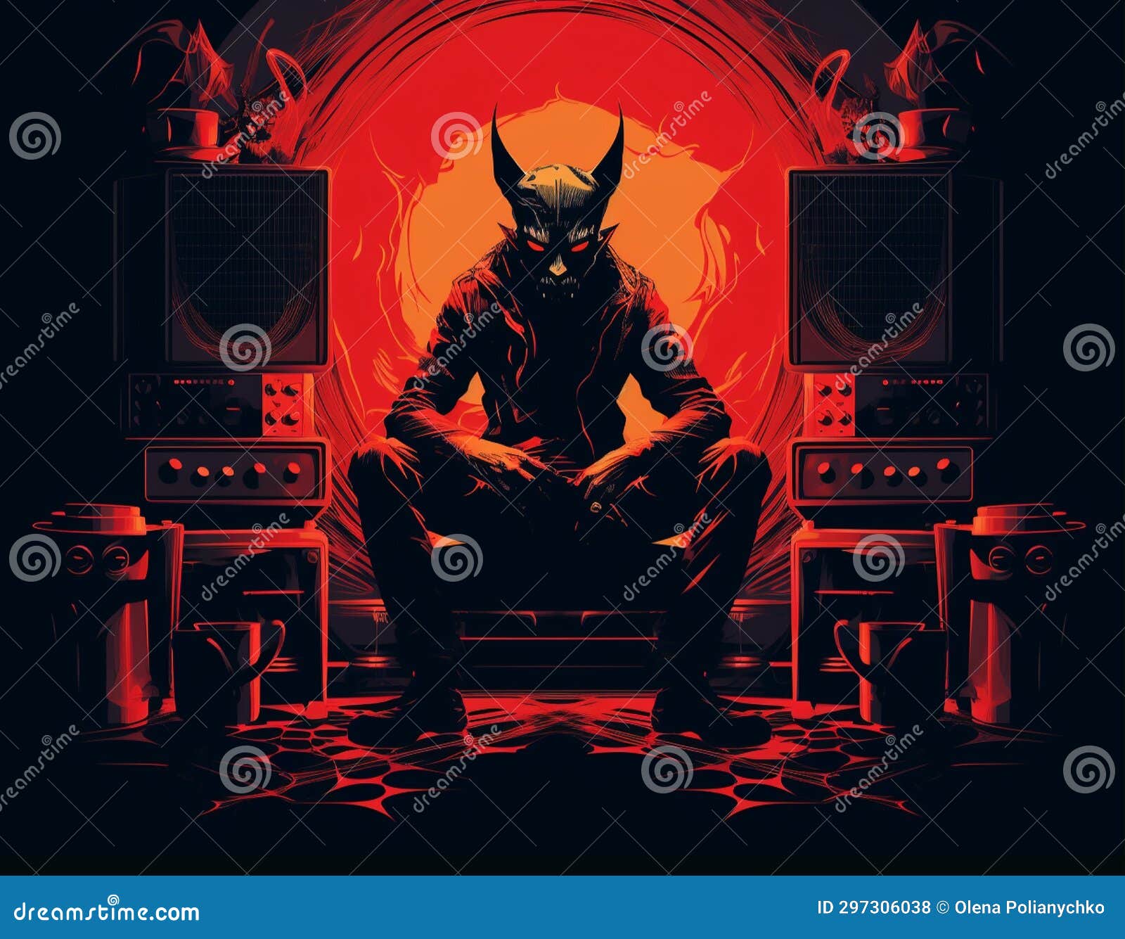 An Evil Demon is Sitting on the Sofa, the Wall is Red Stock ...