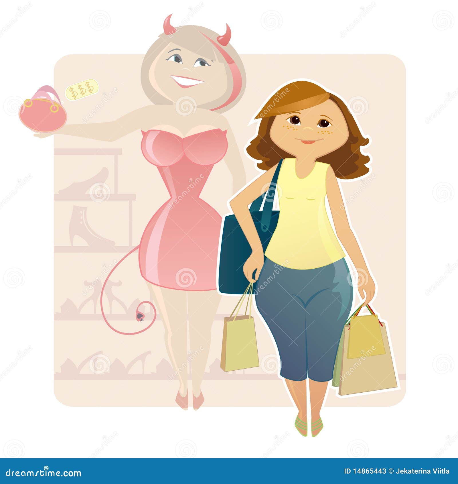 Evil Devil Tempts the Shopaholic Girl Stock Vector - Illustration of ...