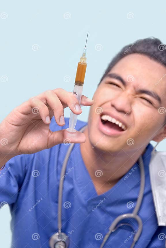 Evil doctor with syringe stock image. Image of grinning - 7704463
