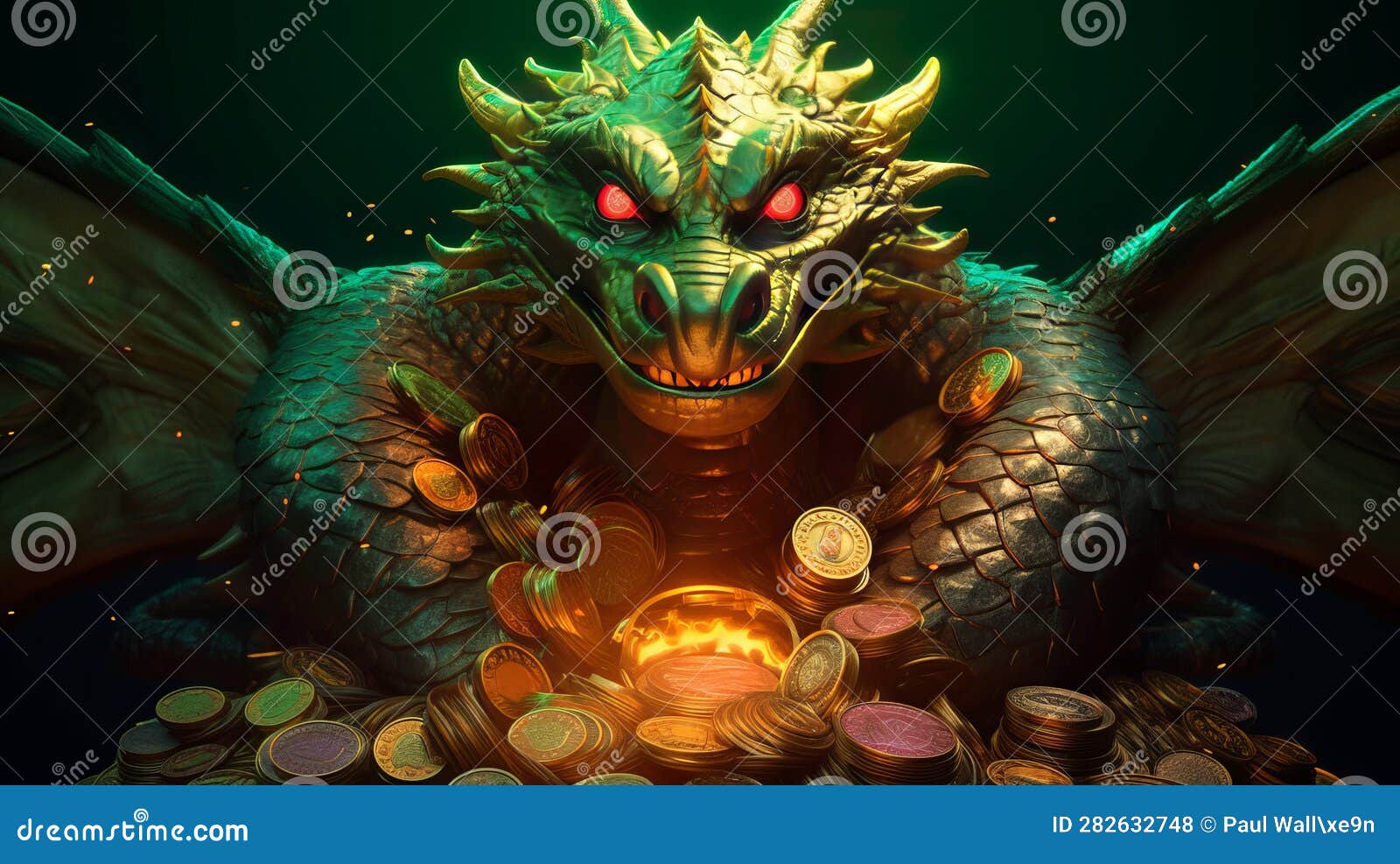 Evil Dragon is Guarding a Heap of Gold Coins. Stock Illustration ...