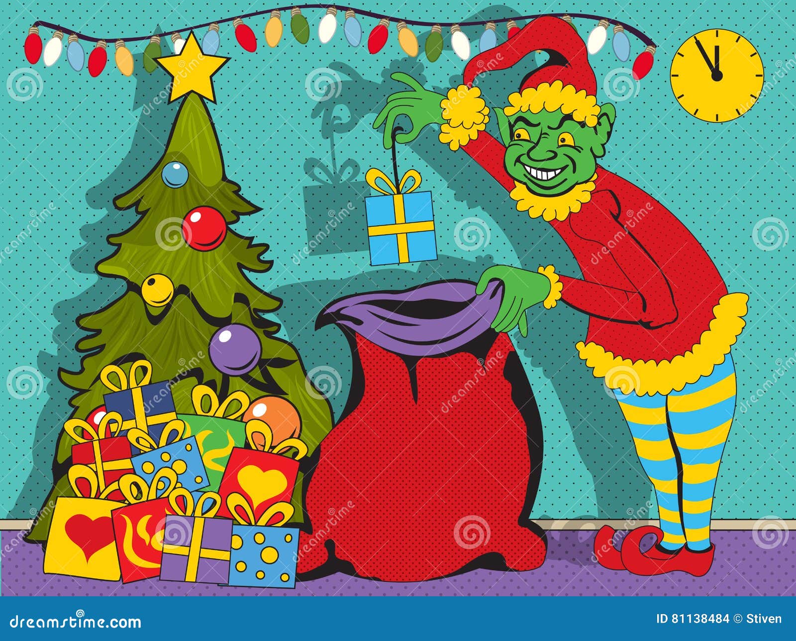 Evil elf with gifts stock vector. Illustration of steal - 81138484