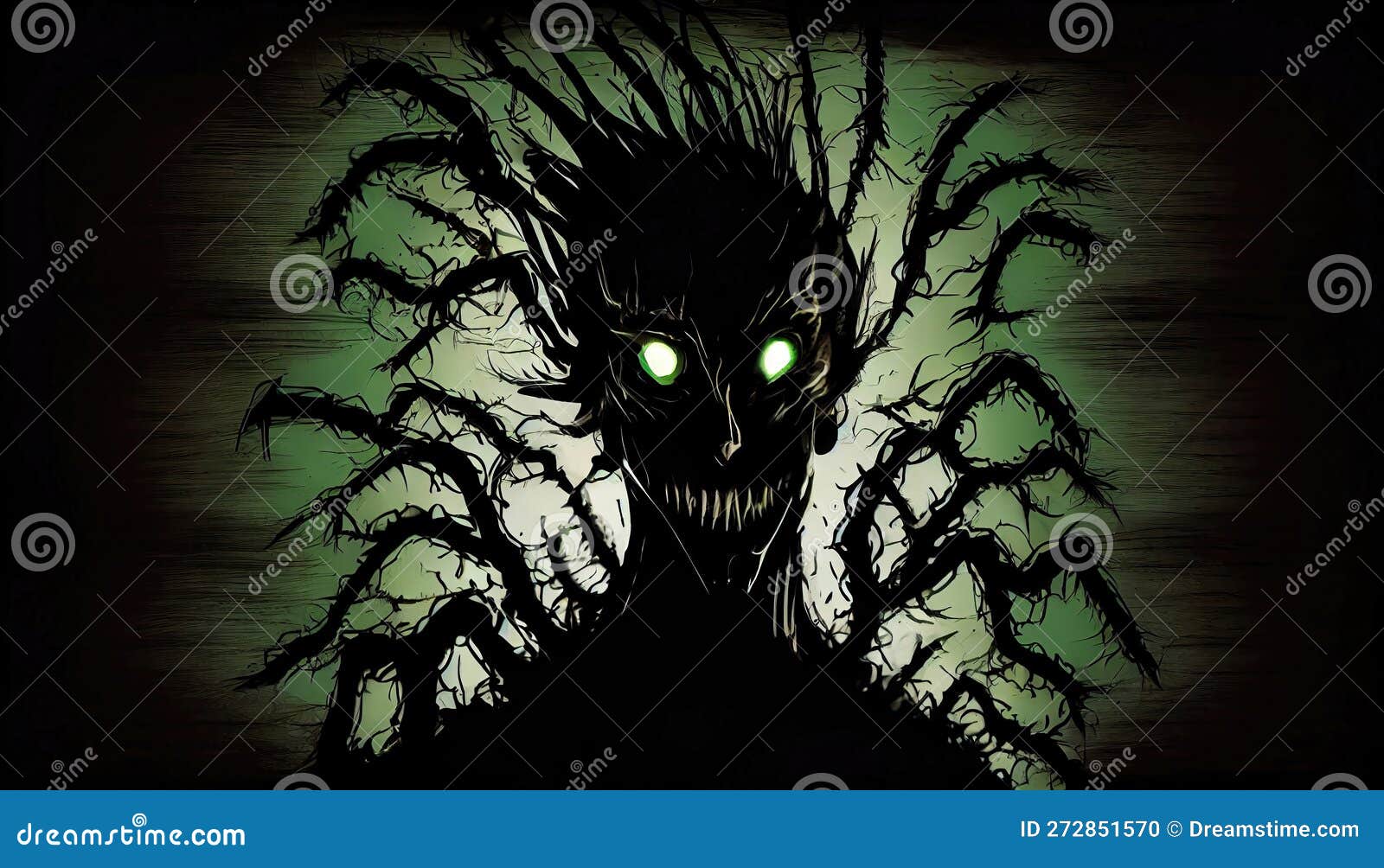 The Evil Face of an Eerie Dead Tree on a Black Background with Leaves ...