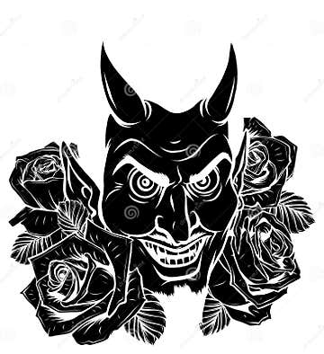 Evil Face with Red Roses. Black Silhouette Illustration Vector Image ...