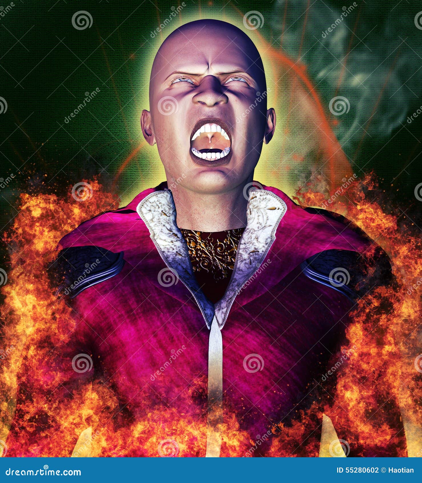 Evil Fire Cartoon Character With Open Arms In Front Of Flames Royalty ...