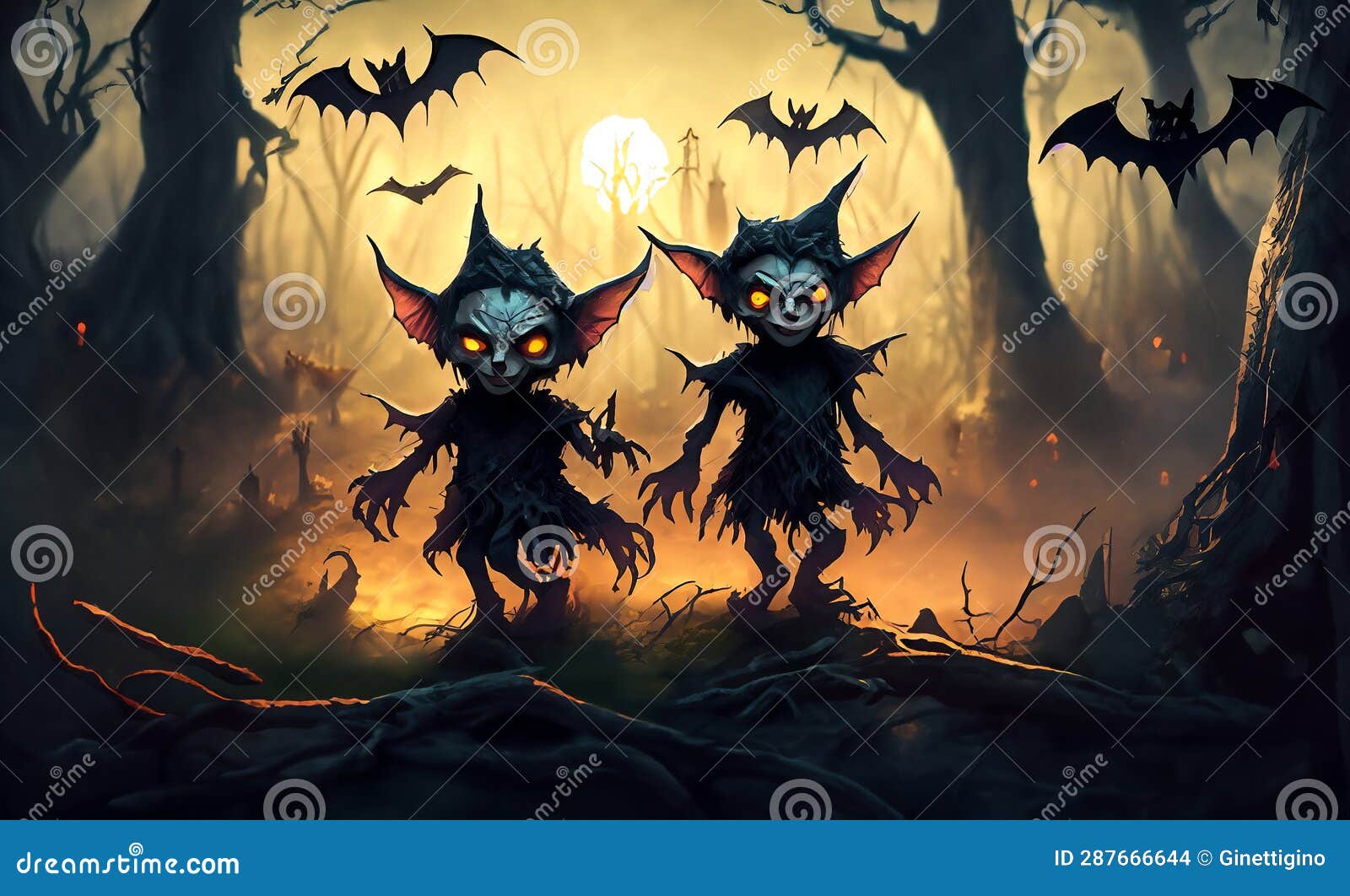 Evil Goblins And Bats In Mystical Forest At Sunset. Royalty-Free Stock ...