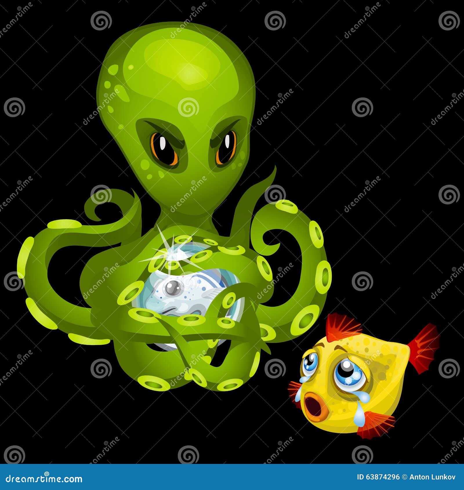 Evil Green Octopus with Magic Sphere and Goldfish Stock Vector ...