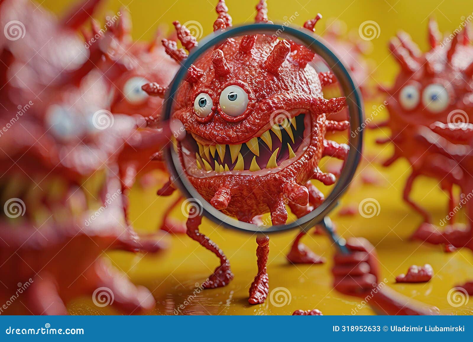 Evil Microbe, Bacterium Under a Magnifying Glass. Cartoon Character of ...