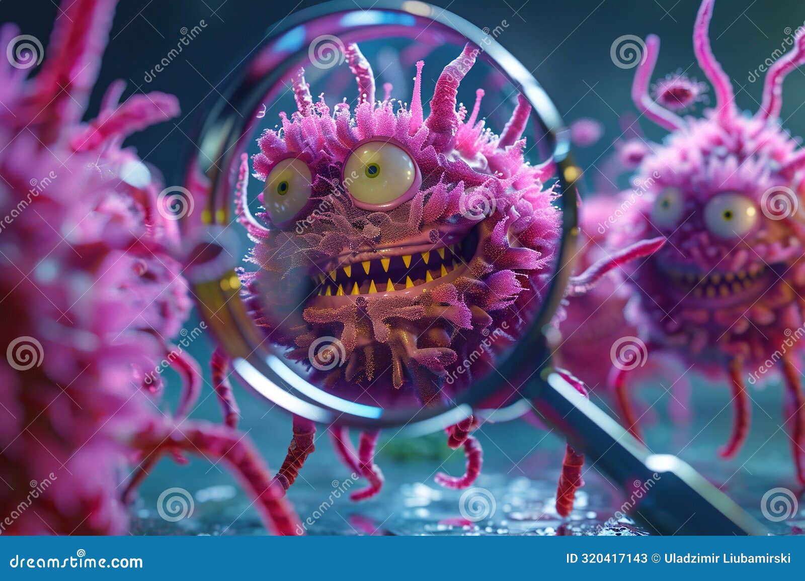 Evil Microbe, Bacterium Under a Magnifying Glass. Cartoon Character of ...