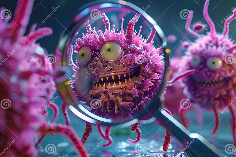 Evil Microbe, Bacterium Under a Magnifying Glass. Cartoon Character of Bacteria. Microbiology ...