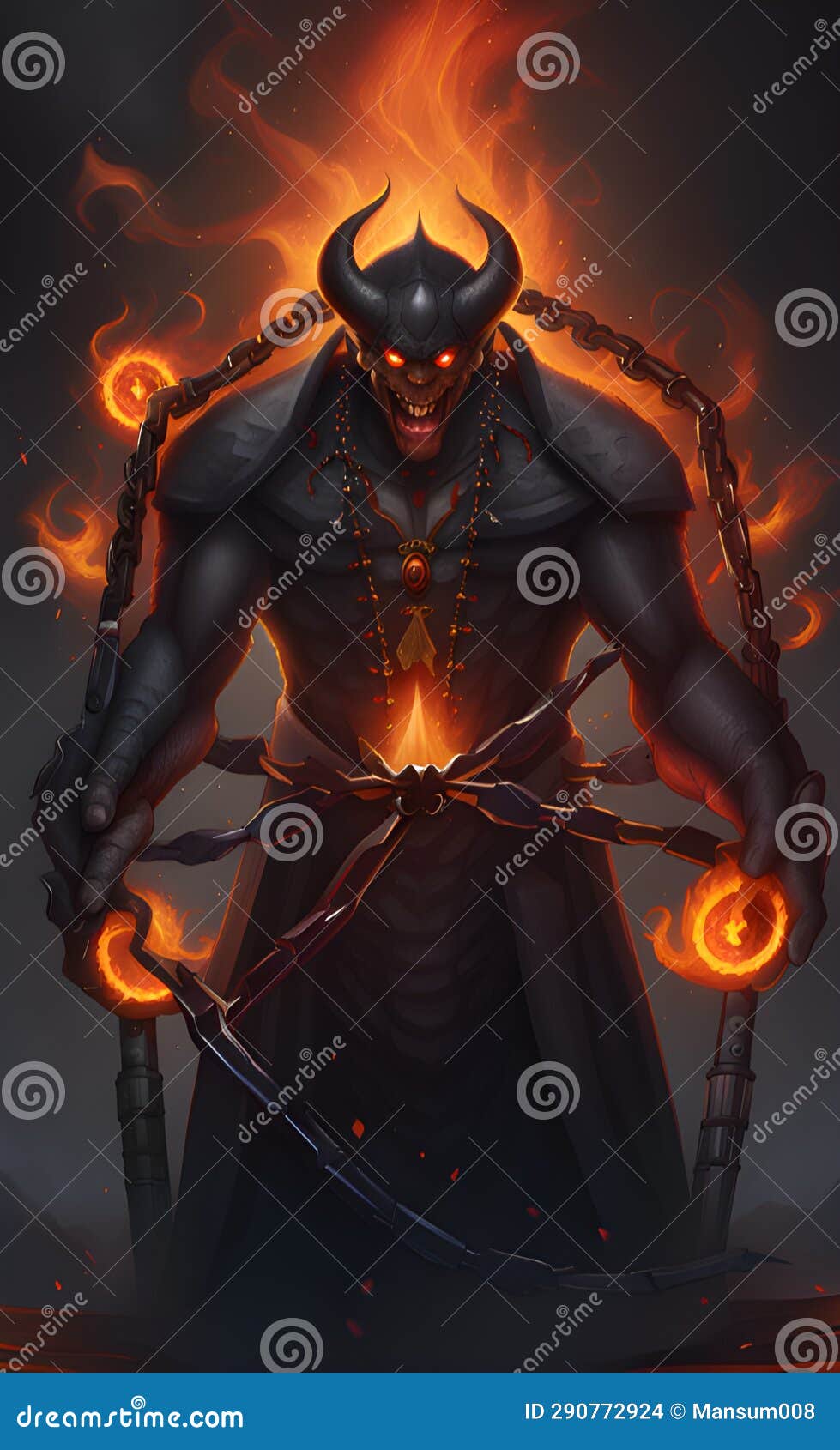 Evil Monster with Horns on Burning Flame Stock Illustration ...
