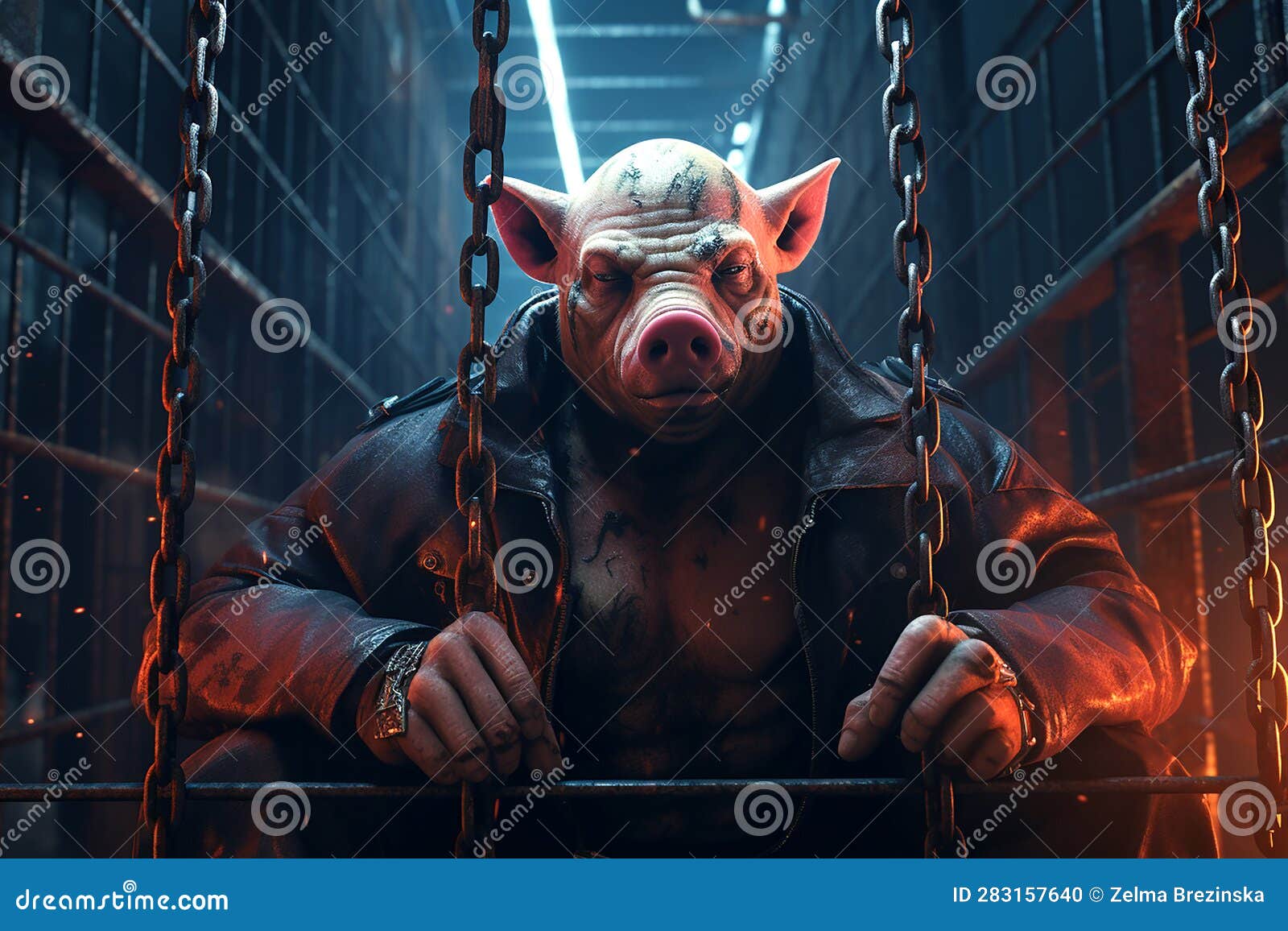 Evil Pig-looking Criminal Behind Bars in a Prison Cell, Generative Ai ...