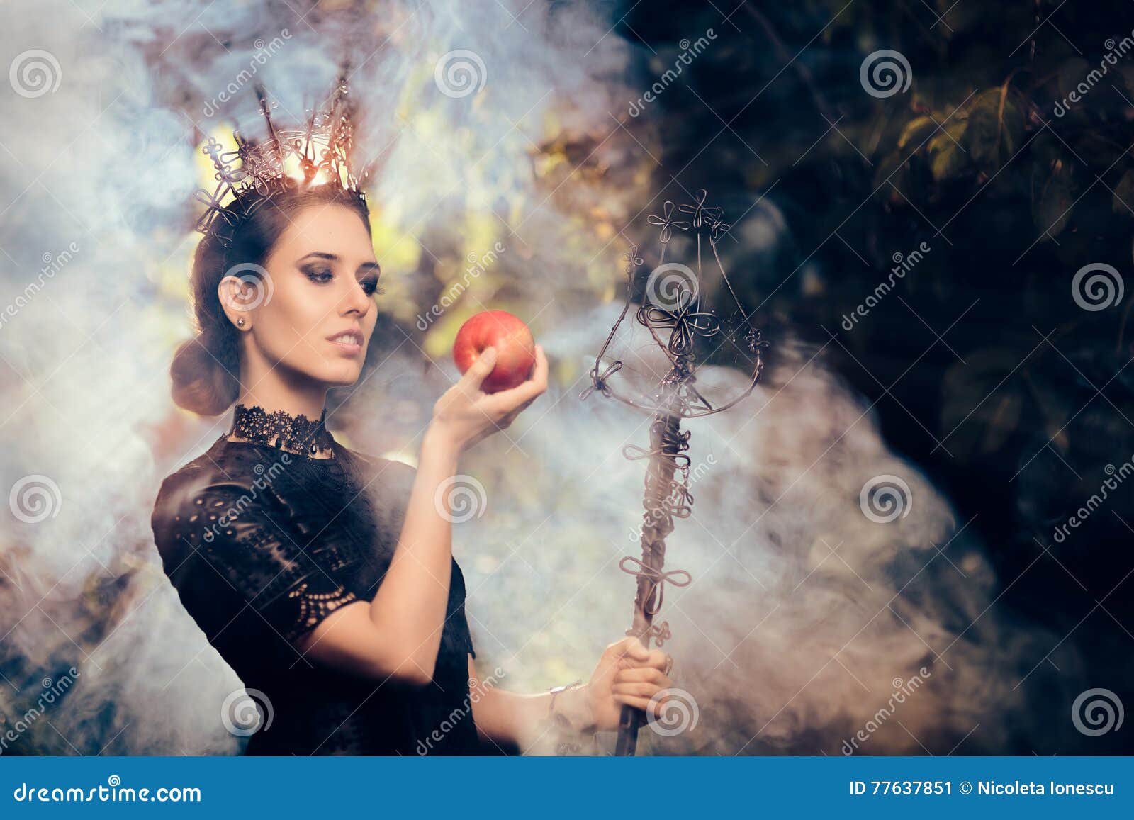 Evil Queen with Poisoned Apple in Misty Forest Stock Image - Image of ...