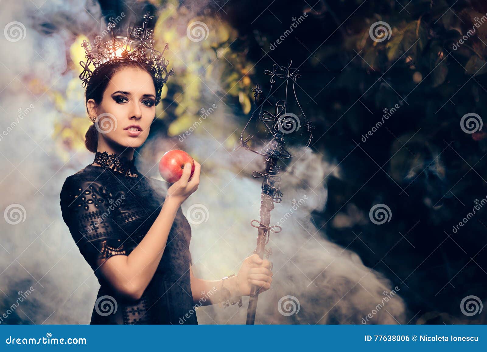 Evil Queen with Poisoned Apple in Misty Forest Stock Photo - Image of ...