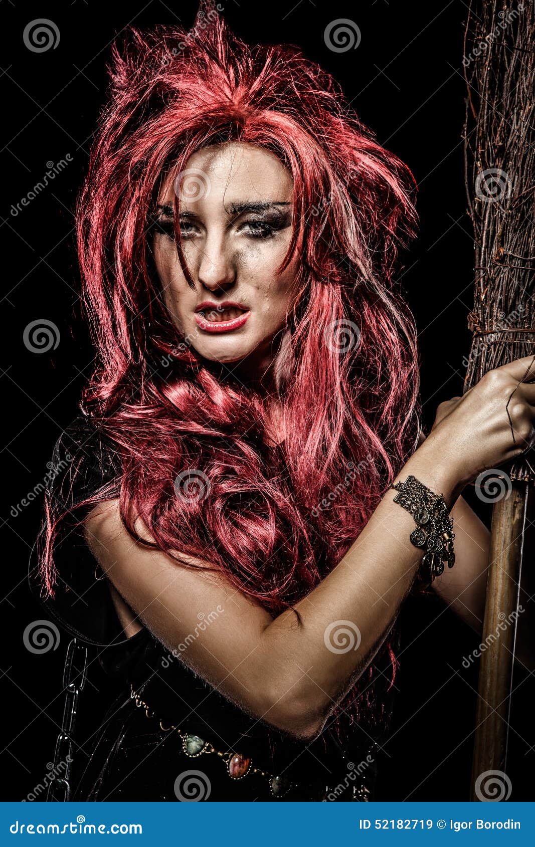 Evil Red-haired Witch And Her Broomstick Stock Image - Image of ...