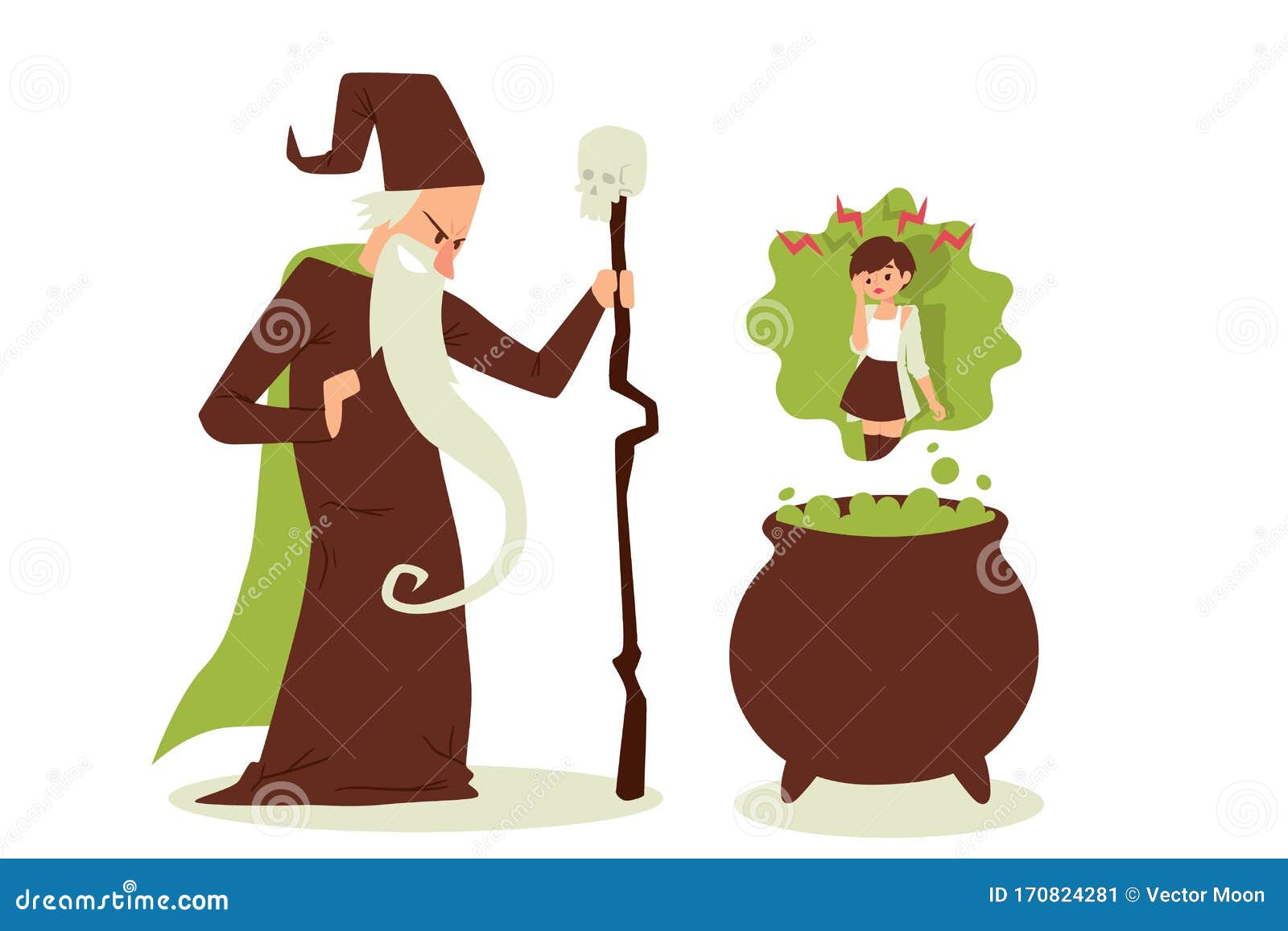 Evil Sorcerer Cast Spell on Woman, Old Wizard with Beard and Staff ...