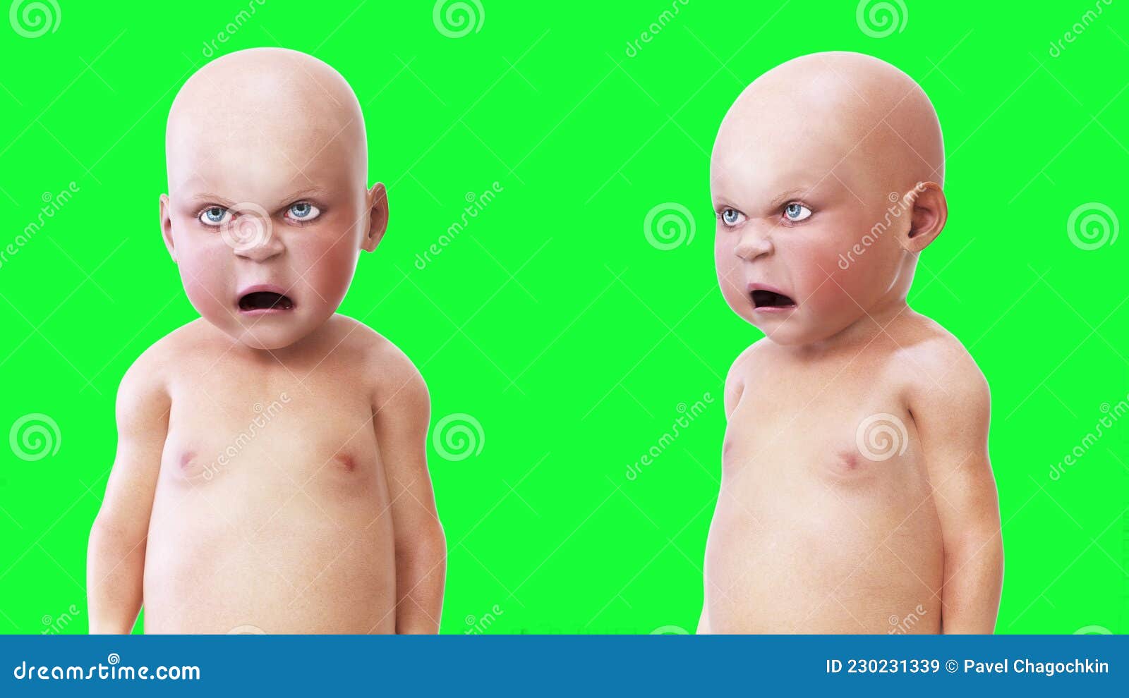 Evil Speaking Baby, Children. Green Screen 3d Rendering. Stock ...