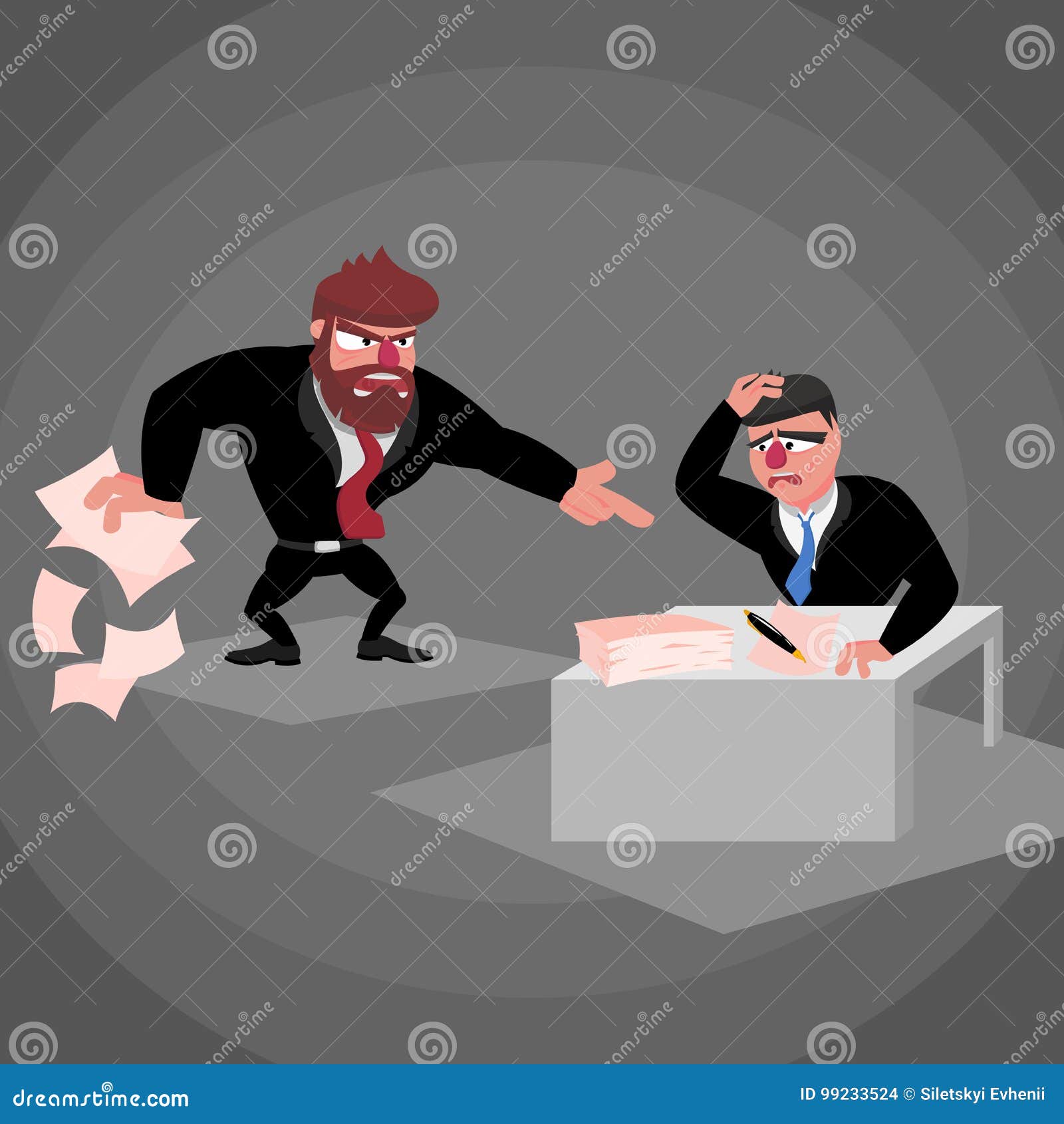 Big Boss Screams at the Subordinate that Sits at the Table with Piles ...