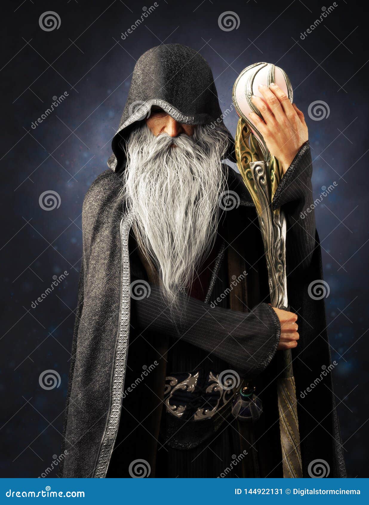 Evil Warlock Old Hooded Wizard Posing With Staff On A Blue Gradient ...