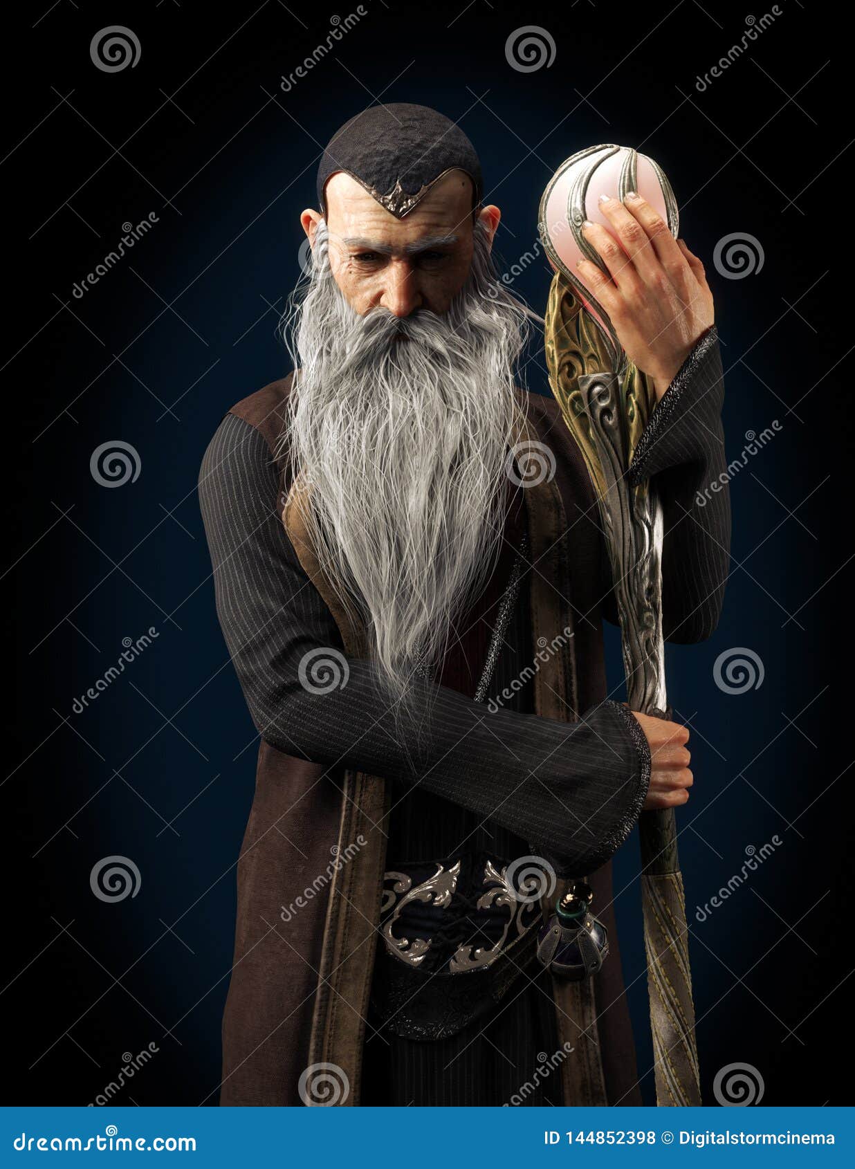 Evil Warlock Old Hooded Wizard Posing With Staff On A Blue Gradient ...