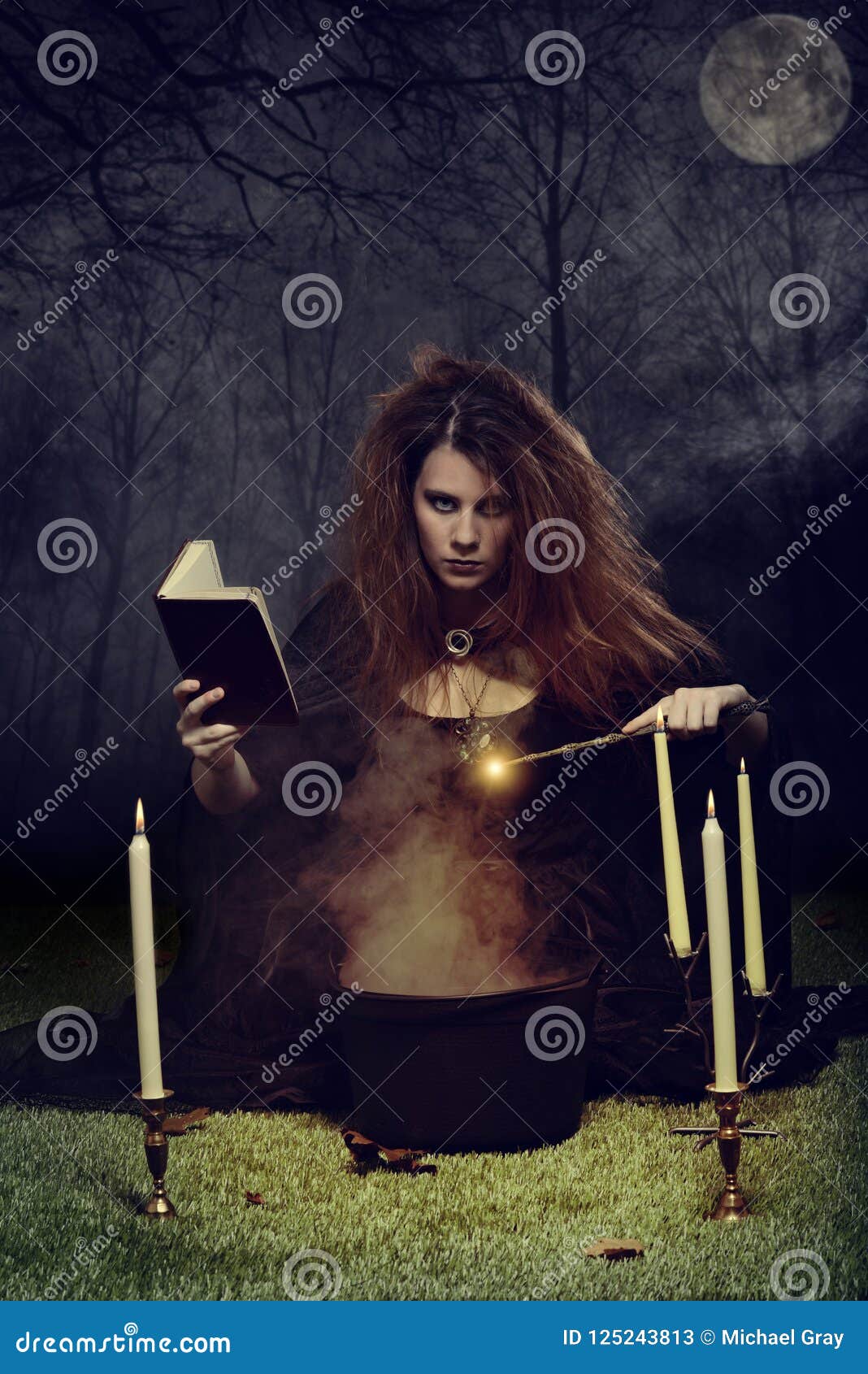 Witch at Night Using Magic with Wand Stock Image - Image of fantasy ...