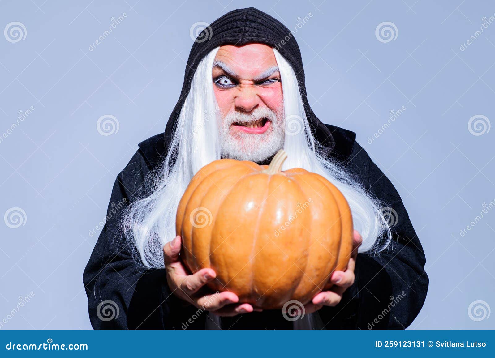 Halloween Demon With Beard, Wounds, Red Blood On Brown Background ...