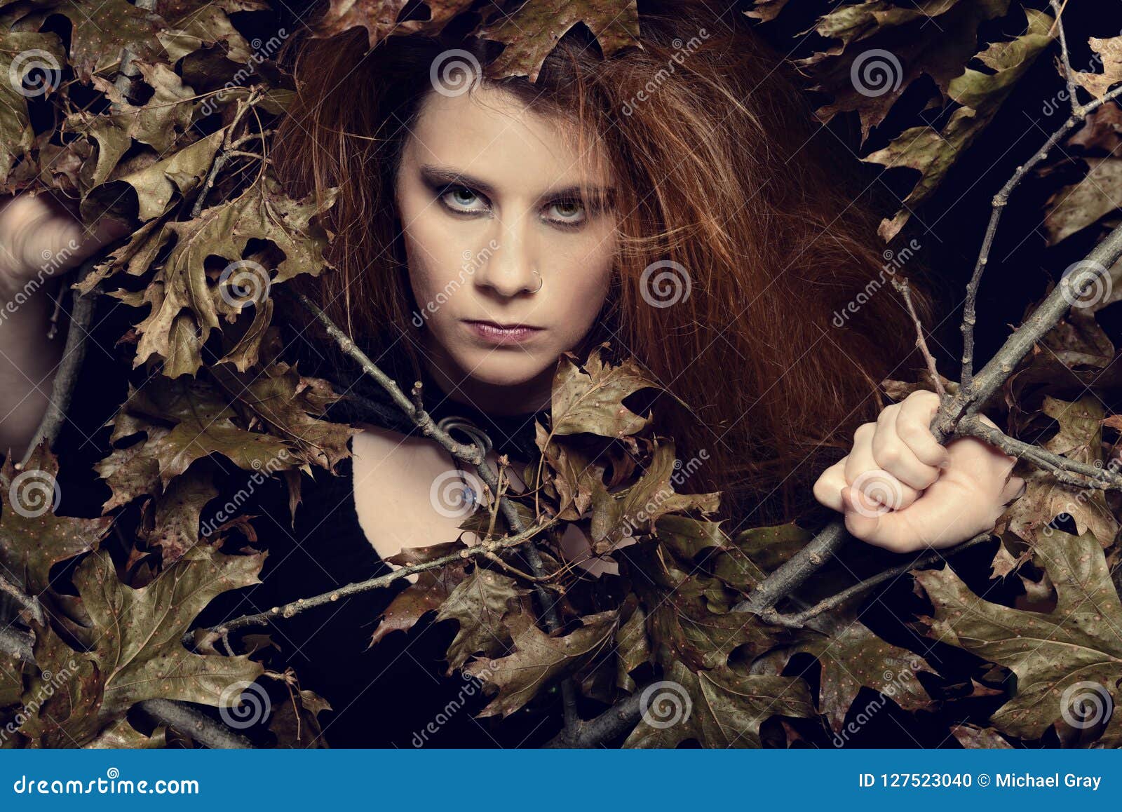 Evil Woman Looking through Tree Branches Stock Photo - Image of ...