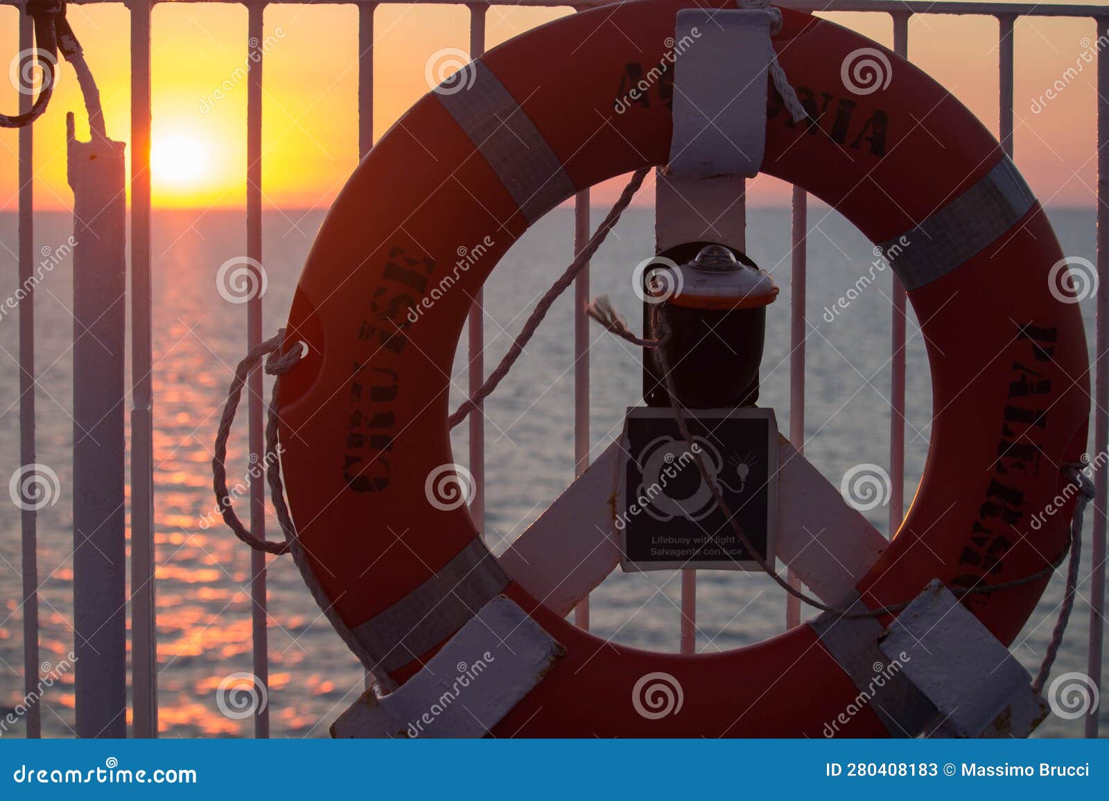 Line Of Lifebuoy Ring Floatation Inside A Traveler Ship . Blurry ...