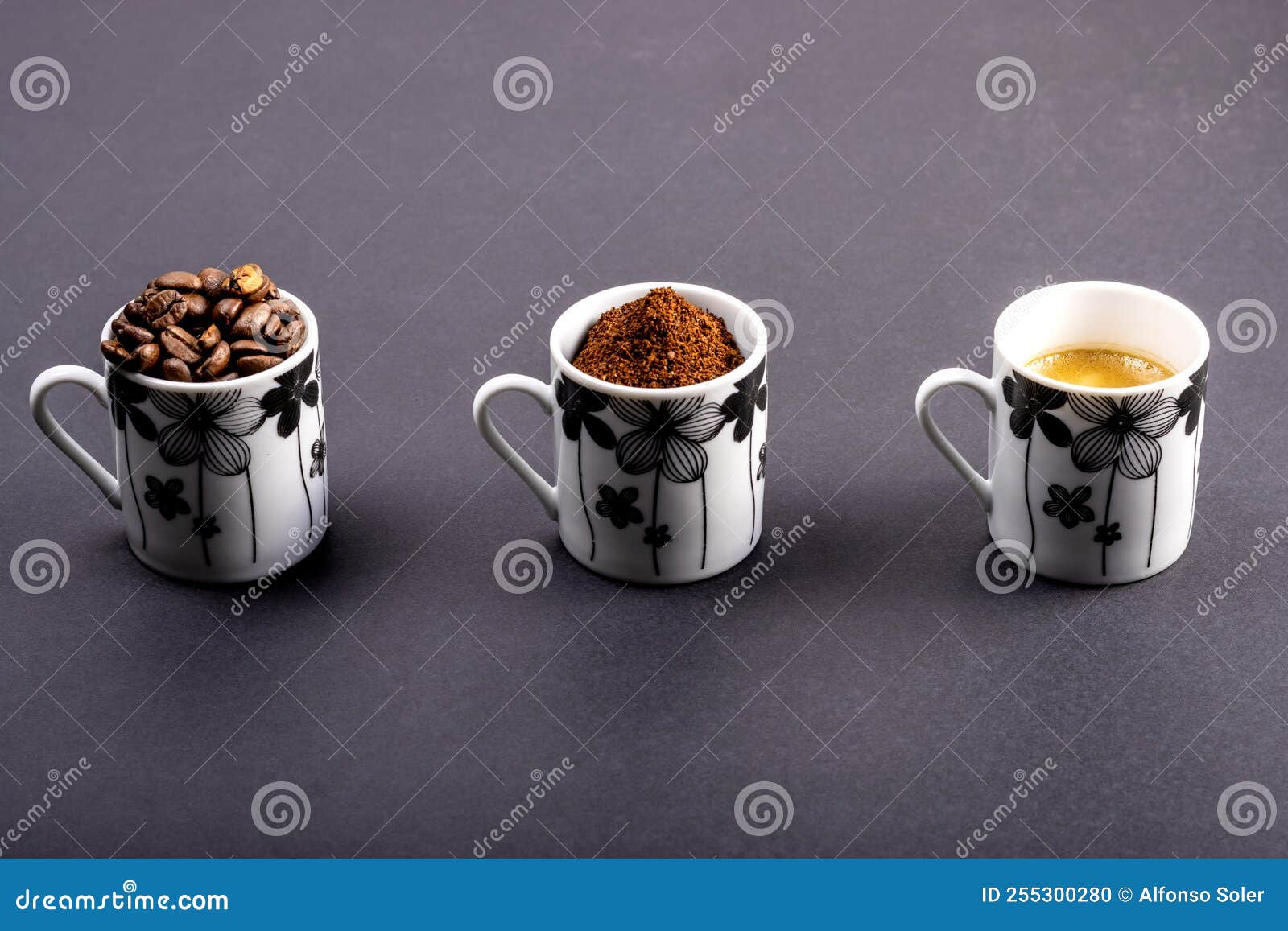 The Evolution of Coffee. Coffee Beans, Ground Coffee and Cup of ...