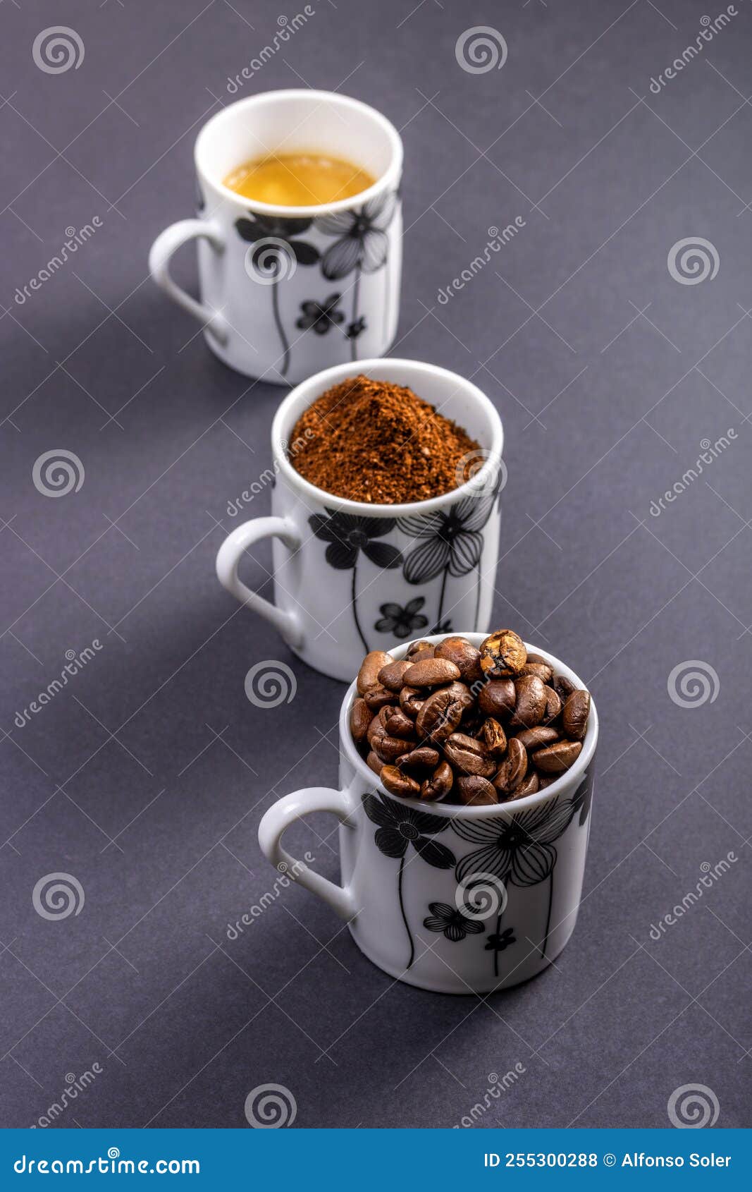 The Evolution of Coffee. Coffee Beans, Ground Coffee and Cup of ...