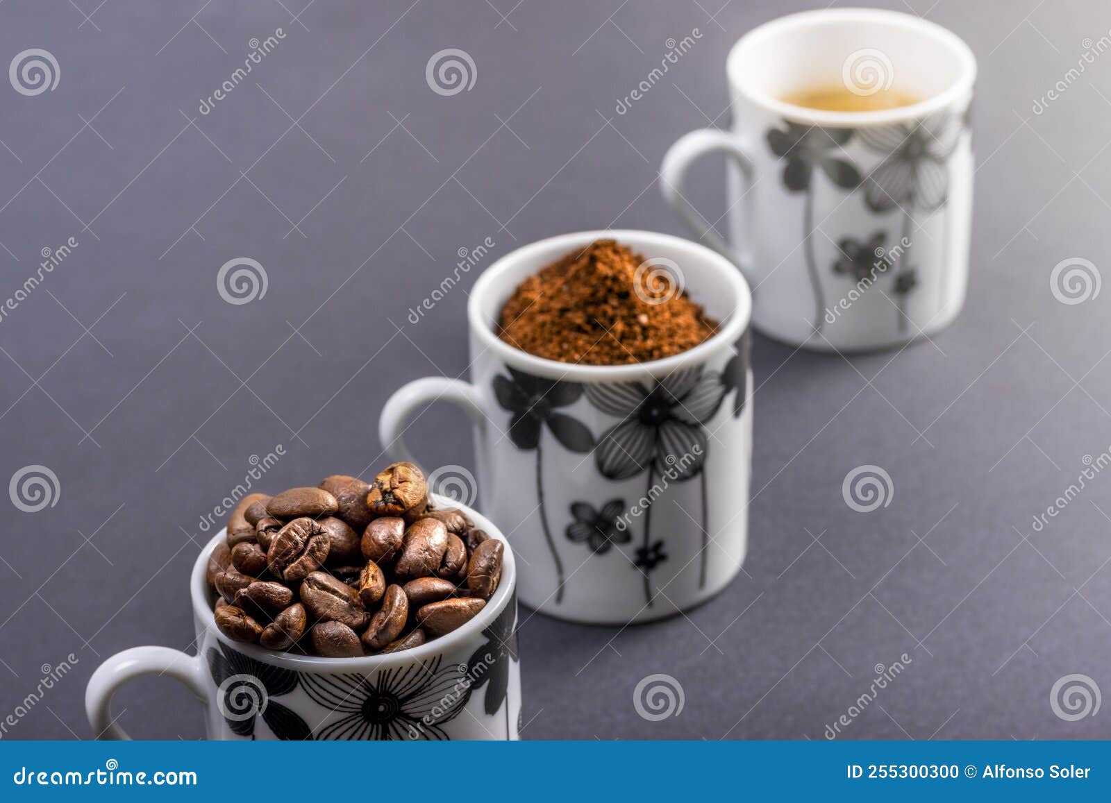The Evolution of Coffee. Coffee Beans, Ground Coffee and Cup of ...