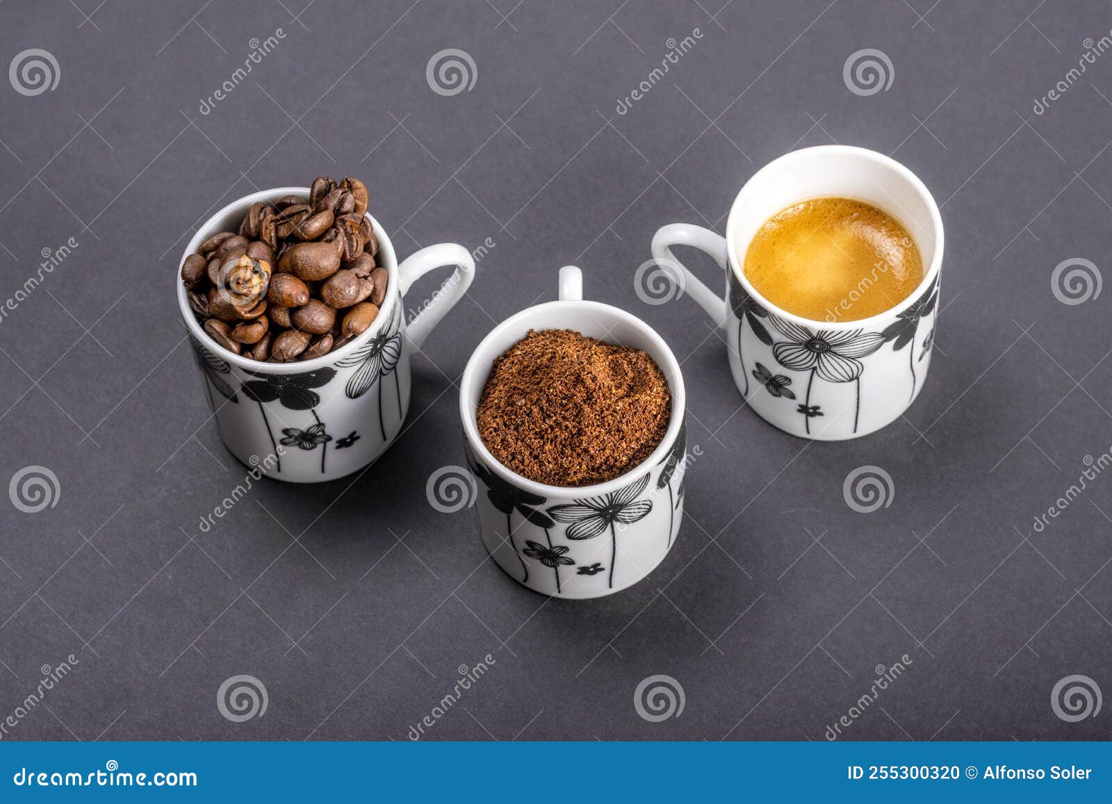 The Evolution of Coffee. Coffee Beans, Ground Coffee and Cup of ...