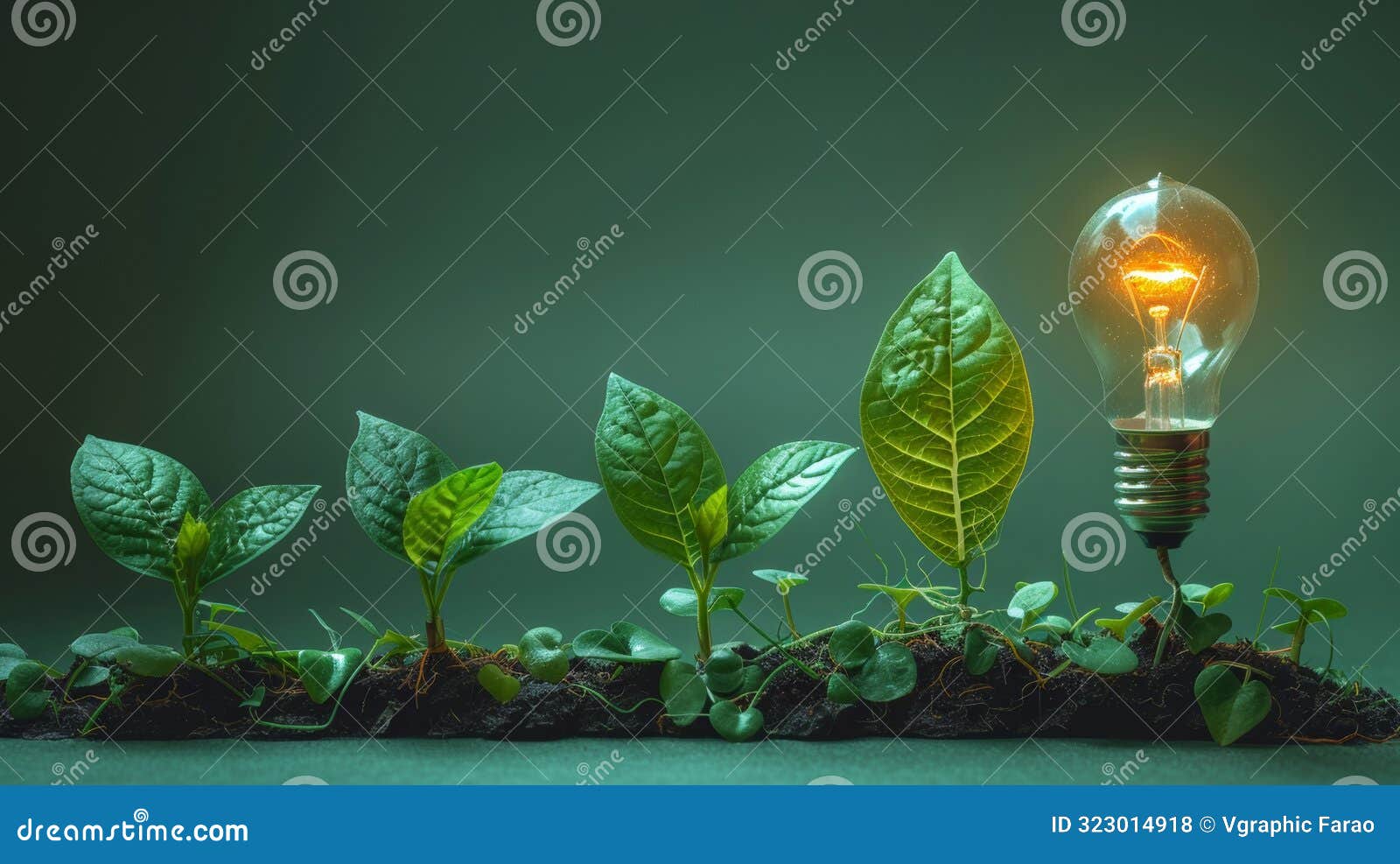 Evolution of Green Plants with Glowing Light Bulb on a Green Background ...