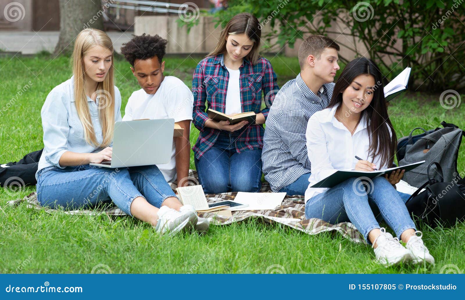 Exam Preparation. Students Studying in College Campus Stock Image ...